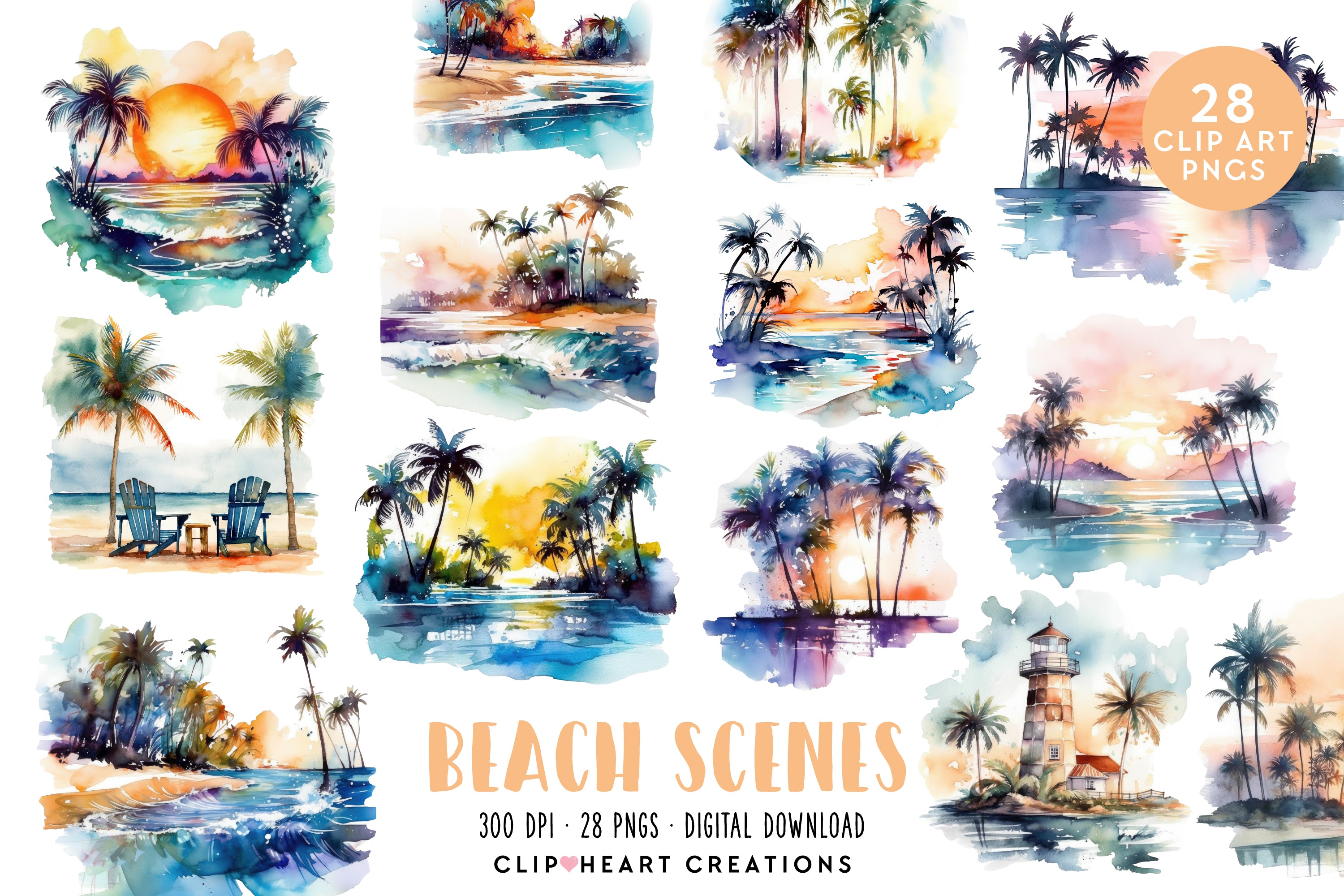 Beach Scenes Watercolor Clipart Set – clipheart creations