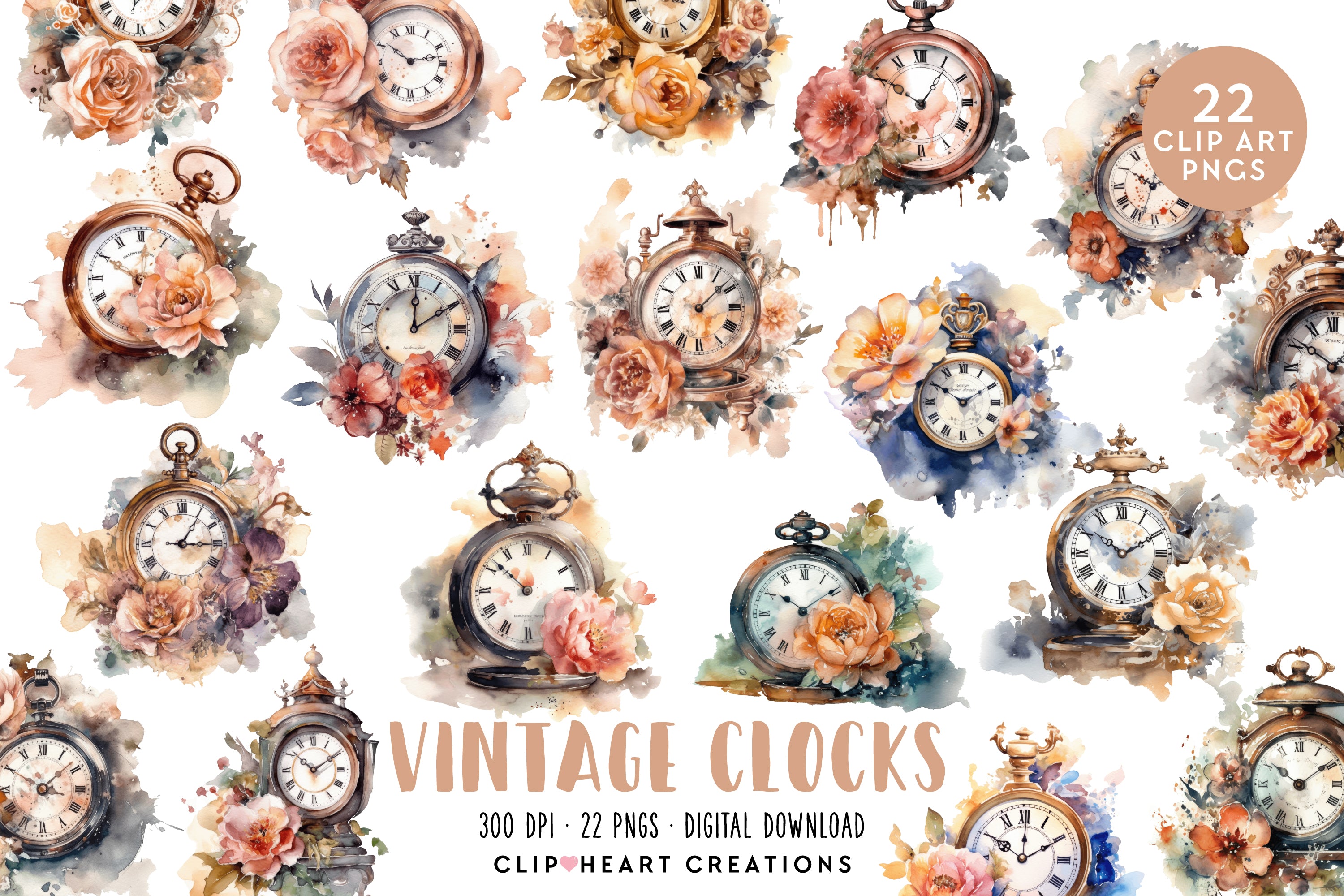 Vintage Clocks Watercolor Clipart Set – clipheart creations