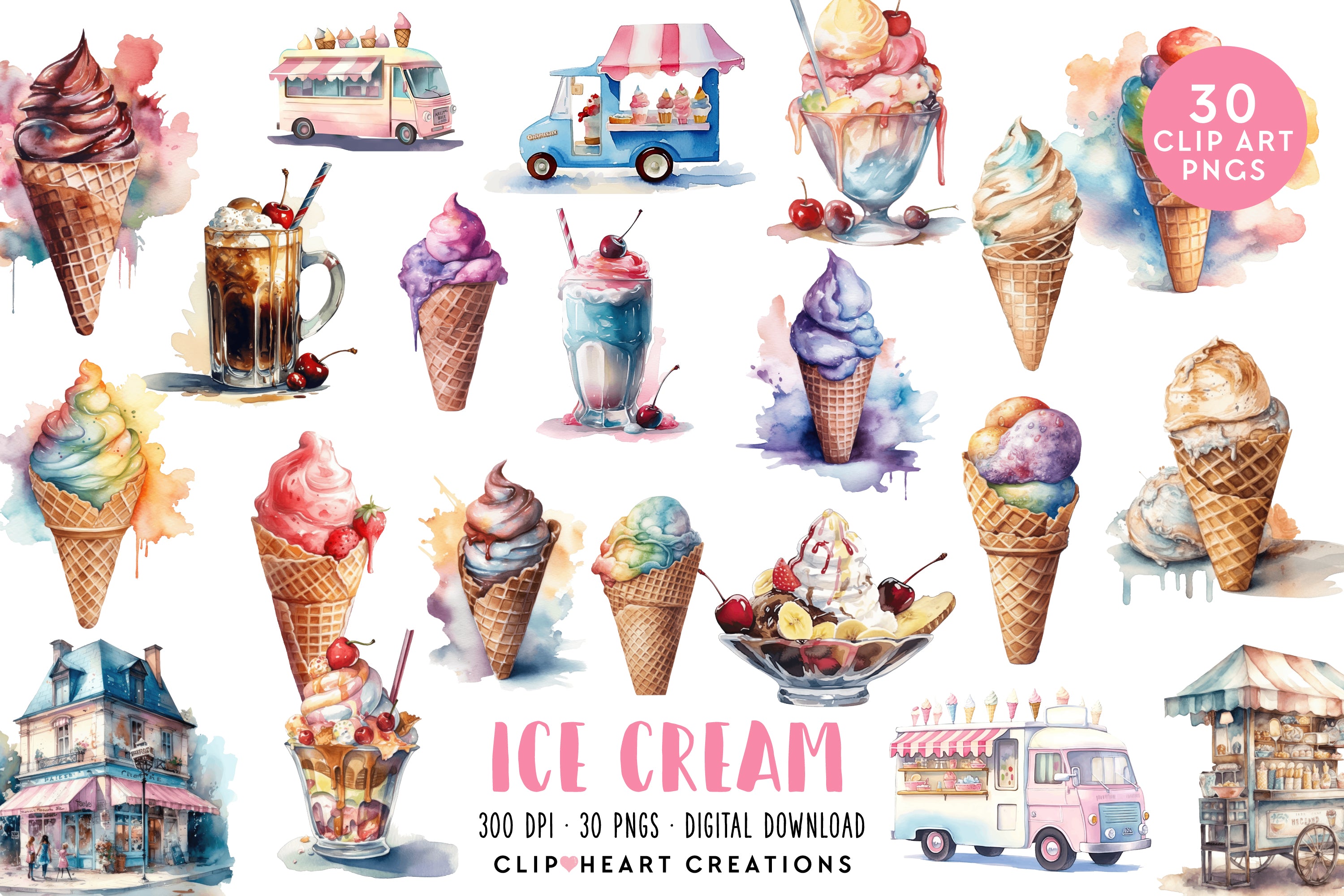 Ice Cream Watercolor Clipart Set – clipheart creations