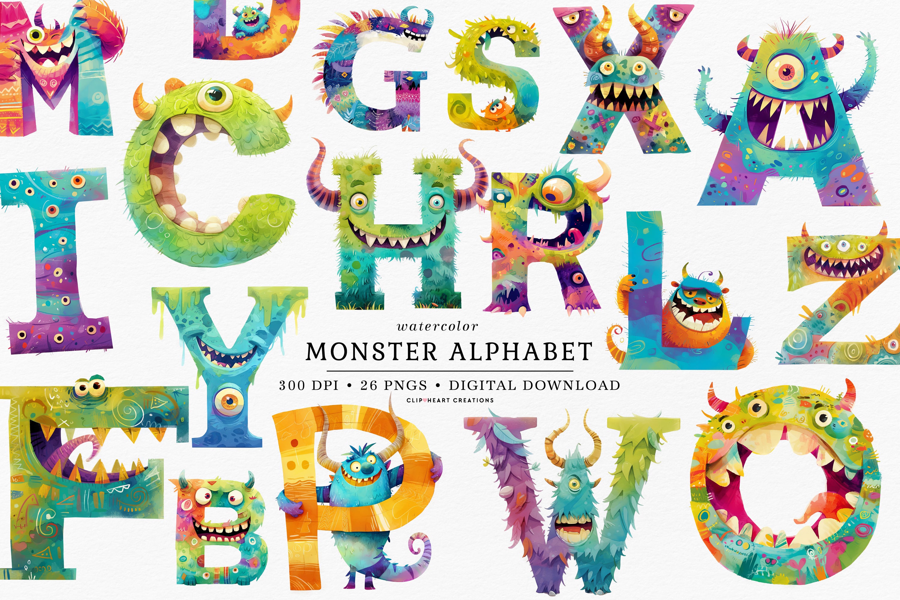 Watercolor Monster Alphabet Clipart – clipheart creations