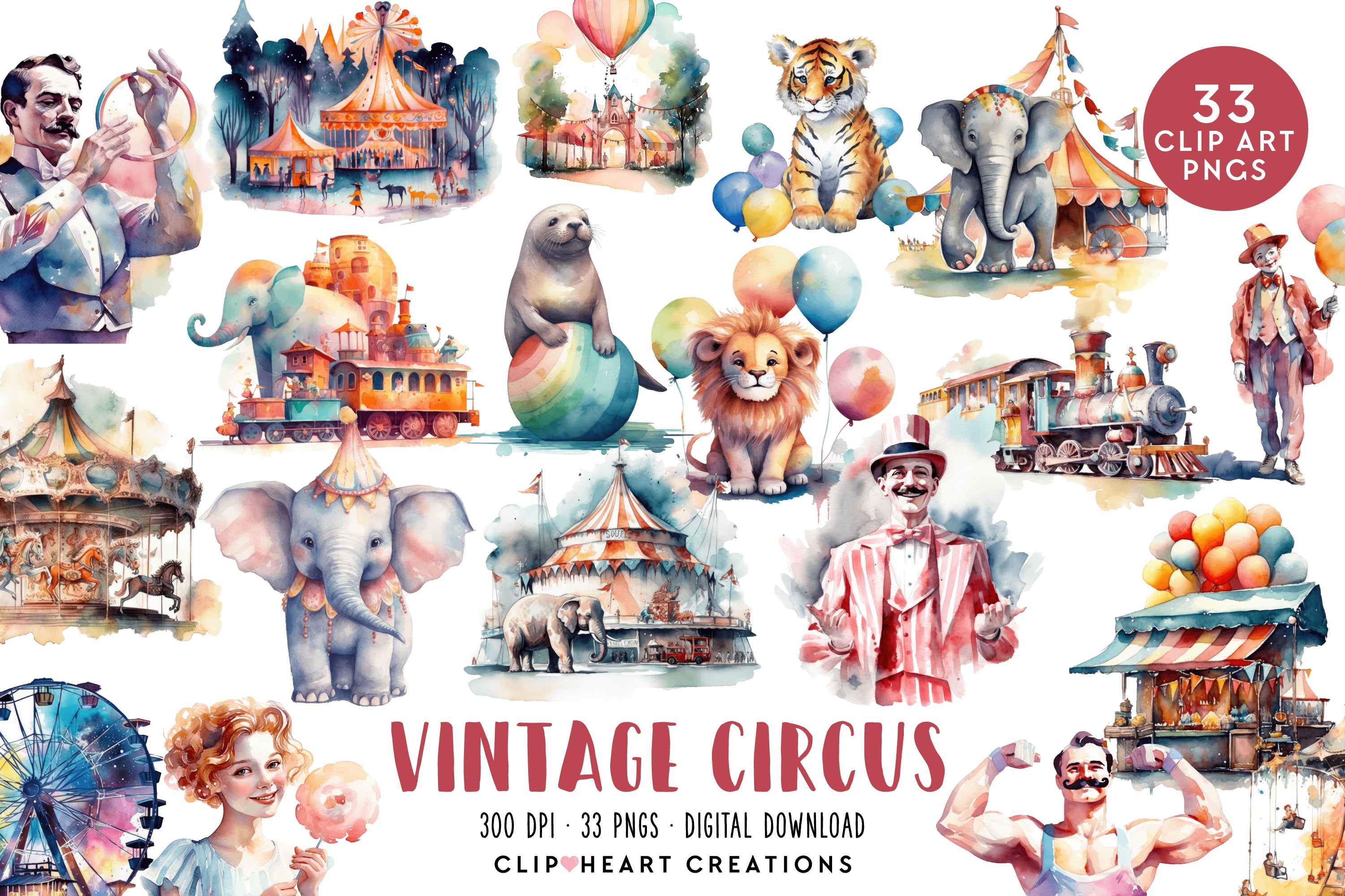 Vintage Circus Watercolor Clipart Set – clipheart creations