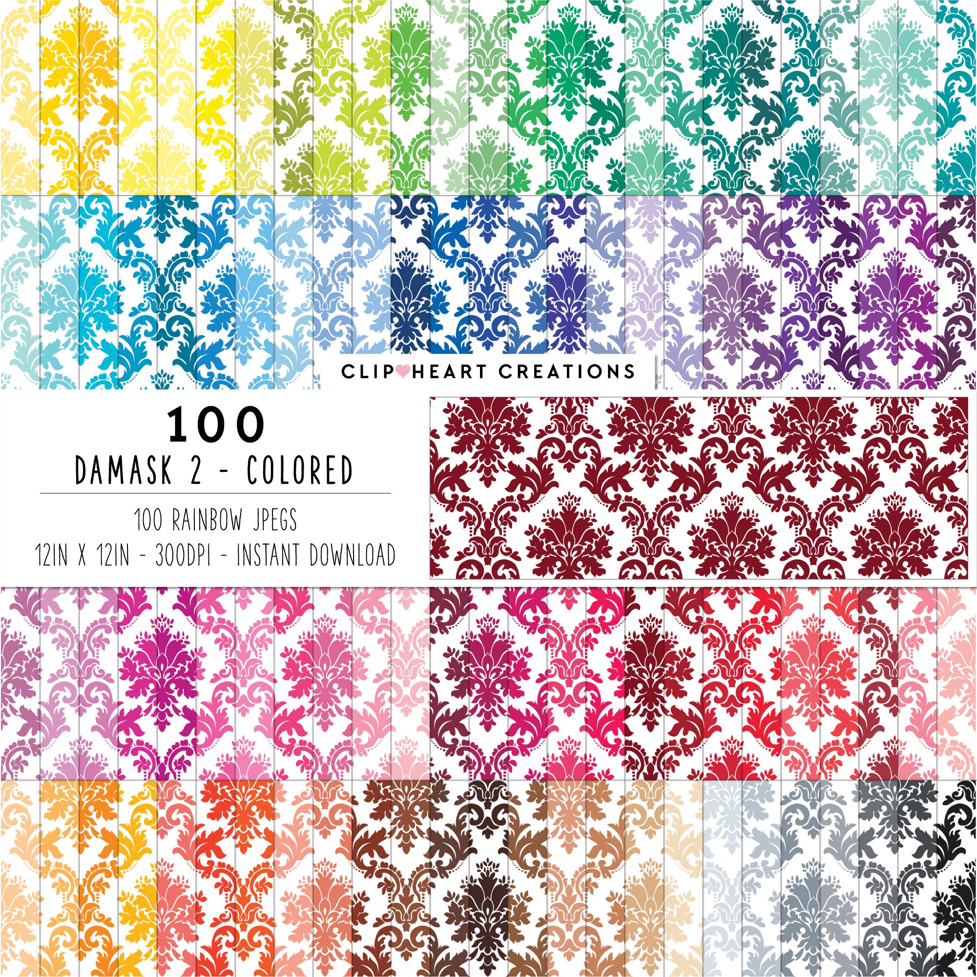 100 Damask Patterns Digital Papers (Color) – clipheart creations