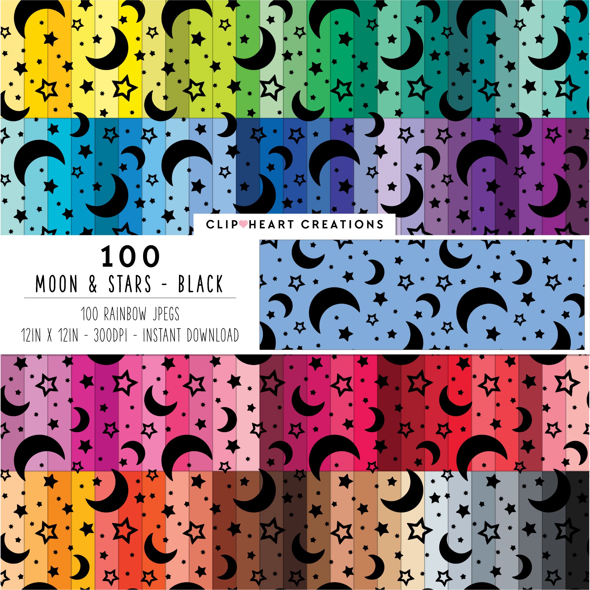 100 Moon & Stars Pattern Digital Papers (Black) – clipheart creations
