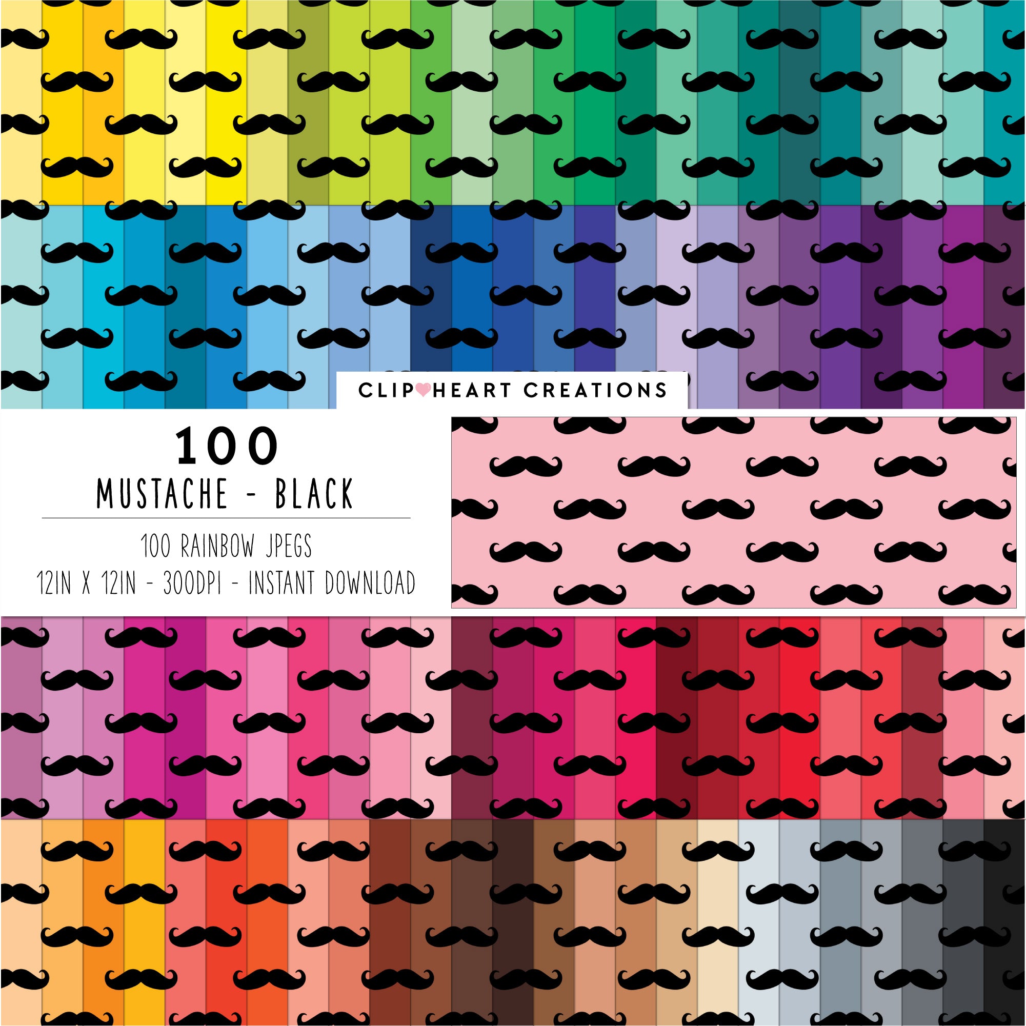 100 Mustache Pattern Digital Papers (Black) – clipheart creations