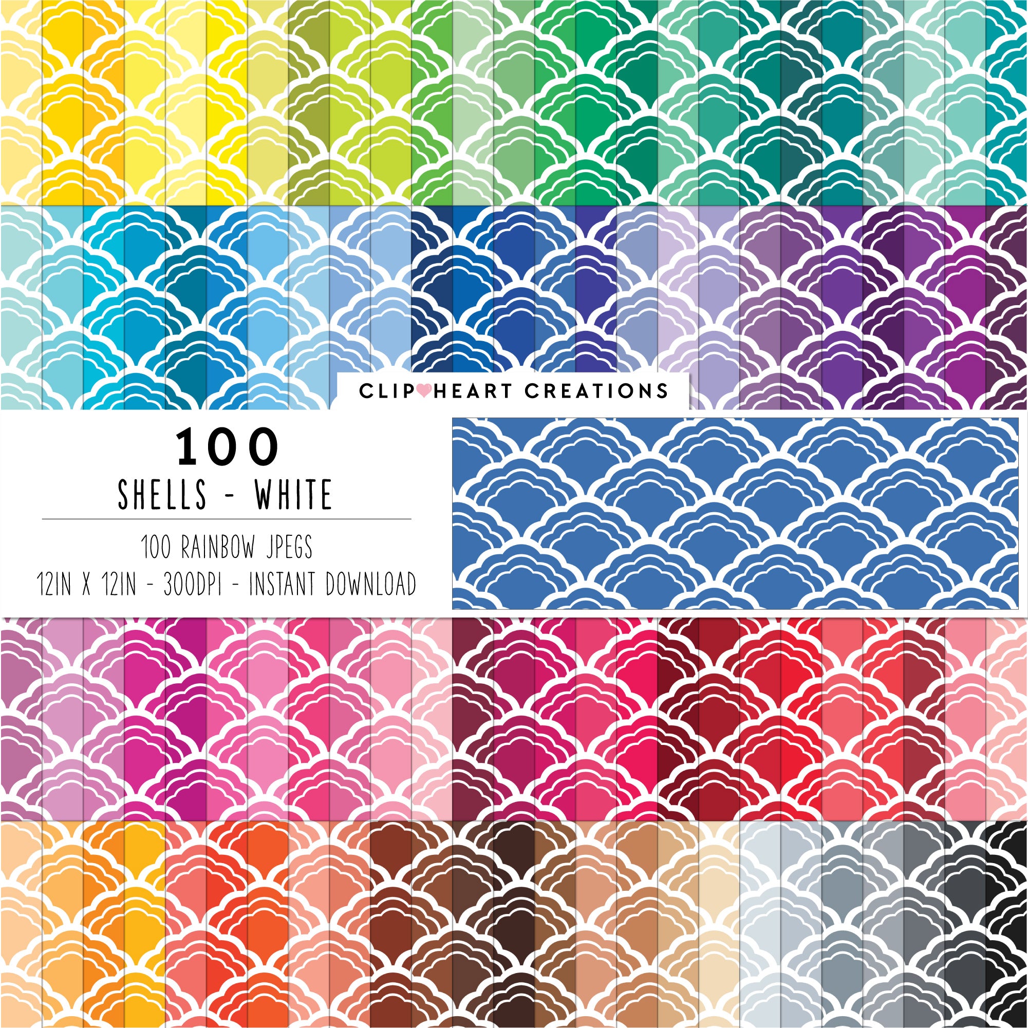 100 Shell Pattern Digital Papers (White) – clipheart creations