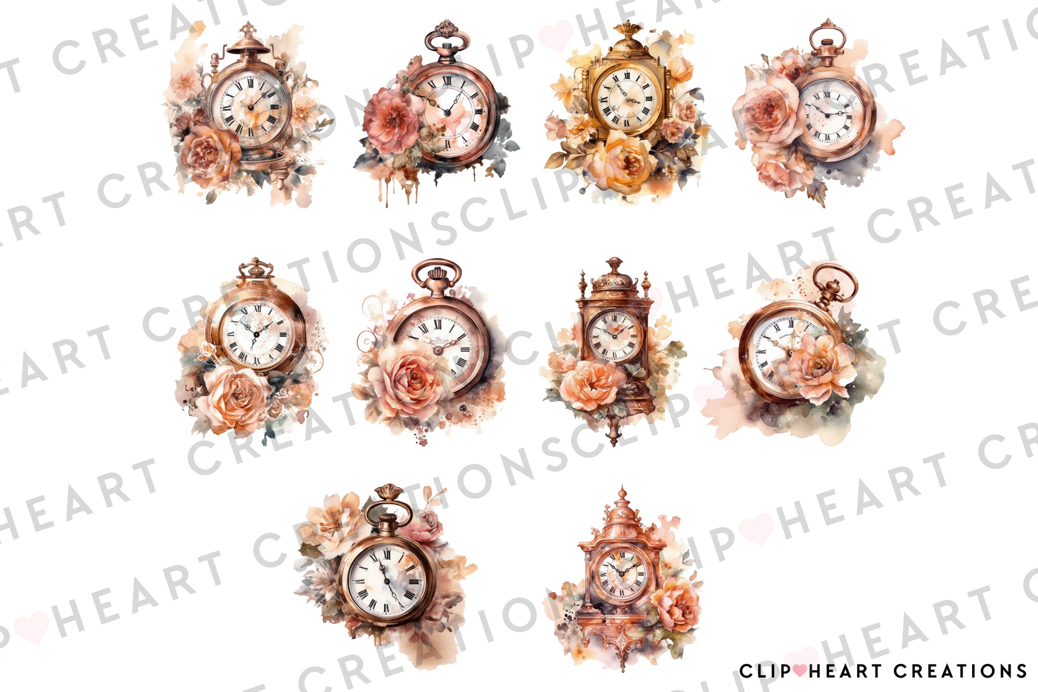 Vintage Clocks Watercolor Clipart Set – clipheart creations
