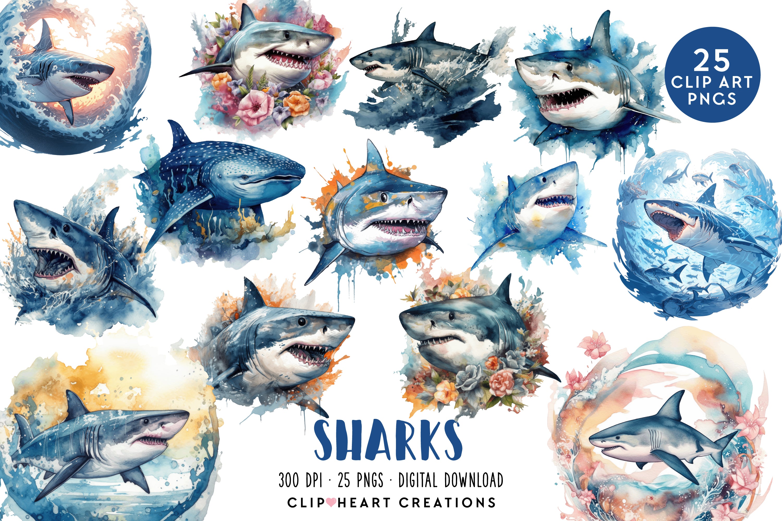 Sharks Watercolor Clipart Set – clipheart creations