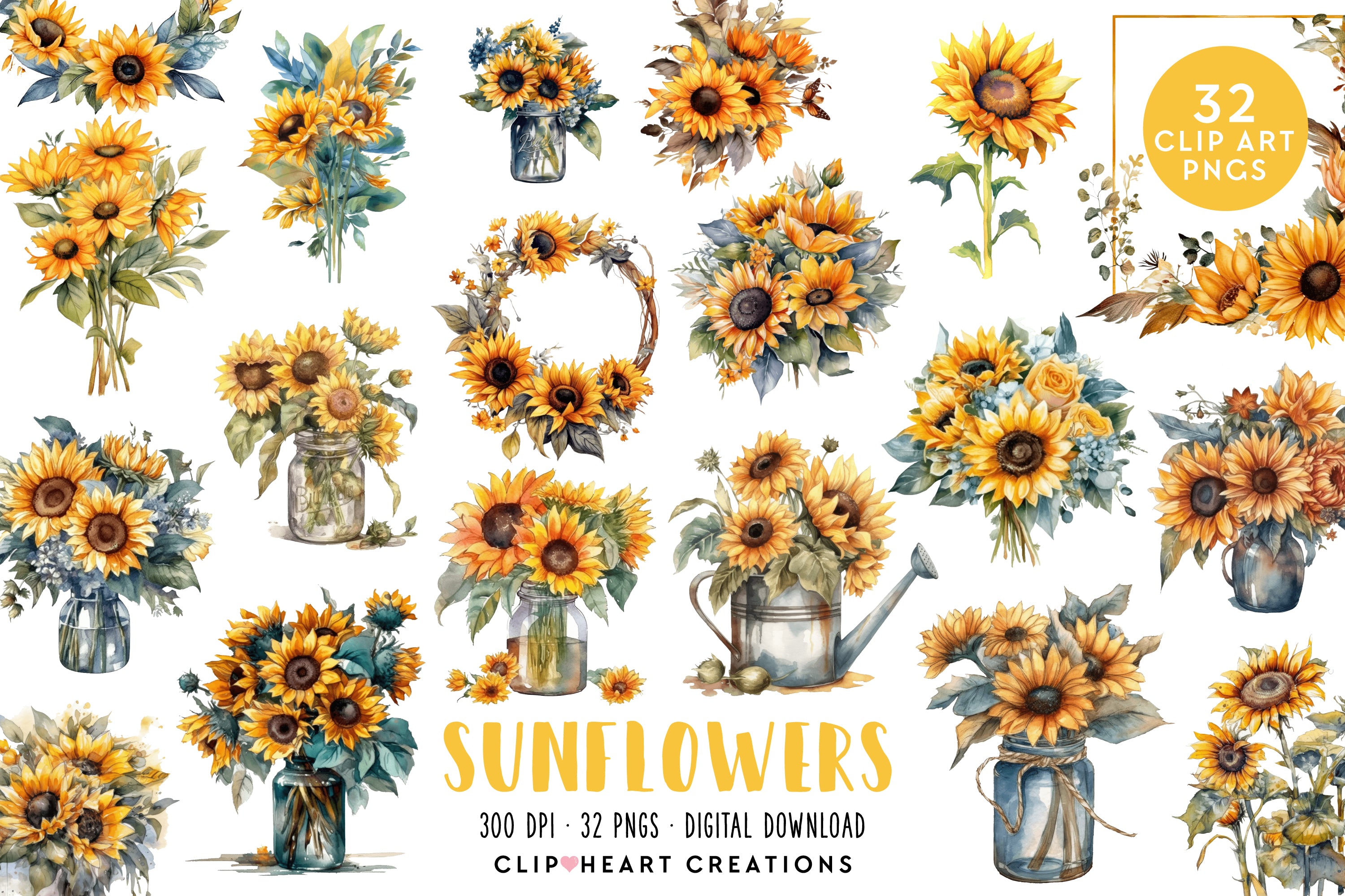 Sunflower Watercolor Clipart Set – clipheart creations